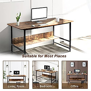 BROWN-BROWN 55 Inch Computer Desk, Home Office Desk with Extra Storage, Personal Laptop Pc Workstation, Student Study Desk, Metal Frame Wood Table for Reading Writing, Rustic Brown (55'')…