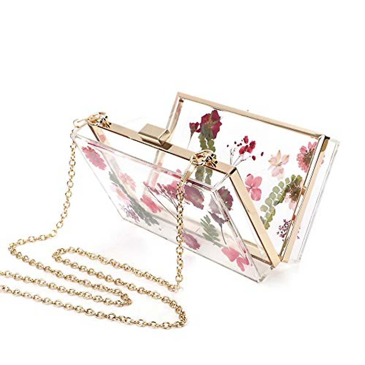 YUSHINY Women Acrylic Clear Clutch Transparent Purse True Flower Inlay with Removable Pearl Strap (Rose)