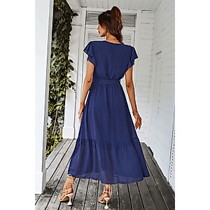 PRETTYGARDEN Women's 2024 Floral Boho Dress Wrap V Neck Short Sleeve Belted Ruffle Hem A-Line Flowy Maxi Dresses (Solid Blue,X-Large)