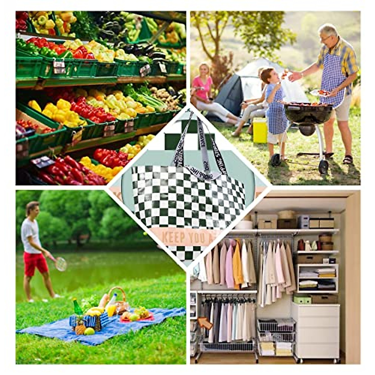 AMEIP Reusable Grocery Bags Foldable, 4 Pack Heavy Duty Large Shopping Cart Totes Portable Waterproof Bag Maximum 50 lbs with Reinforced Bottom & Handles for Cloth Toy Kitchen Picnic (Plaid)