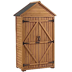 39.56" L x 22.04" W x 68.89" H Outdoor Storage Cabinet Garden Wood Tool Shed Outside Wooden Closet with Shelves and Latch, Brown