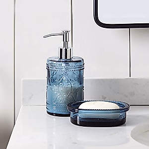 5PCs Dark Blue Glass Bathroom Accessories Set with Decorative Pressed Pattern - Includes Hand Soap Dispenser & Tumbler & Soap Dish & Toothbrush Holder & Wastebasket