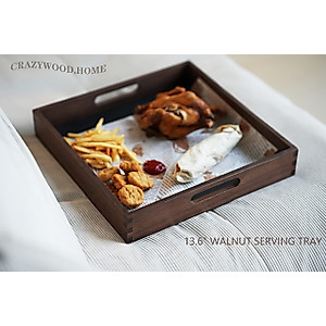 CRAZYWOOD 13.6x13.6 Inches Walnut with Carry Handle Black Ottoman Tray Serve Tea Coffee or Breakfast in Bed Classic Wooden Decorative Serving Tray Decorative Serving Tray