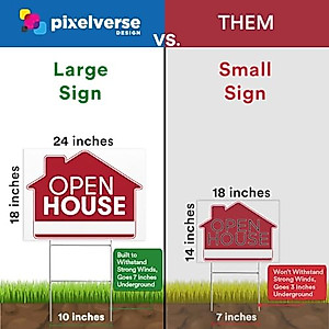 Open House Real Estate Signs – 18x24 Inches 5 Pack Set - Double Sided Red Property Yard Sign Bulk Pack - Includes 5 Heavy Duty Rust Free H Wire Stakes - Large Directional Arrows Realtor Agent Supplies