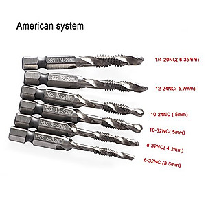 6Pcs Hex Shank HSS 4341 Combination Drill and Tap Bit Set Drill Bit & Screw Tap Deburr Countersink Bit 6-32NC 8-32 NC 10-32 NC 10-24 NC 12-24 NC 1/4-20 NC, Set of 6 (Silver HSS 4341)