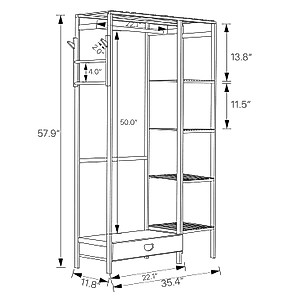 MoNiBloom Bamboo Freestanding Closet Organizer with Pants Scarves Racks and a Hanging Rob, Extra 5 Clothing Storage Shelving for Bedroom Living Room, Brown