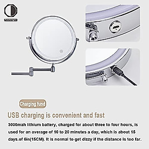 Tushengtu 8”Wall Mounted Makeup Mirror with Intelligent Light Control-10X Magnification, Rotatable Mirror, Adjustable Brightness and Color Temperature