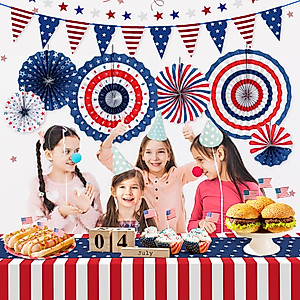 HOOSUN 4th of July Decorations Set, 9 Pcs Red White and Blue Paper Fans Patriotic Decor, USA Pennant Bunting,Star Streamers,Patriotic Tablecloth for Fourth of July Party Supplies, Memorial Day Decor