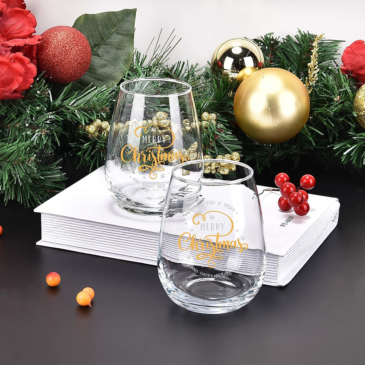 Merry Christmas Stemless Wine Glasses 15 Oz Funny Wine Glasses for Women Friends Men, Unique Glass Set Idea for Christmas, Set of 2