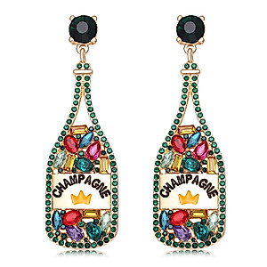 XOCARTIGE Champagne Bottle Earrings Rhinestone Crystal Beaded Champagne Drop Dangle Earrings for Women Wedding Holiday Festive Party Earrings Xmas New Year Gifts (Green)