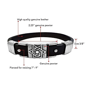 Jewish Star of David Black Men's Leather Bracelet Bar Mitzvah Gift