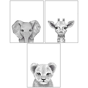 Set of 3 Baby Safari Animal Rustic Nursery Decor |11"x14"| Baby Giraffe, Lion, and Elephant Safari Animal Wall Art Set - Artwork for Outdoor Themed Gender Neutral Baby Girls or Boys