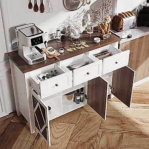 Sideboard Buffet Cabinet with Storage, Kitchen Cabinet with 3 Doors and 3 Adjustable Shelves and 3 Drawers, Buffet Server Bar for Dining Room, Living Room