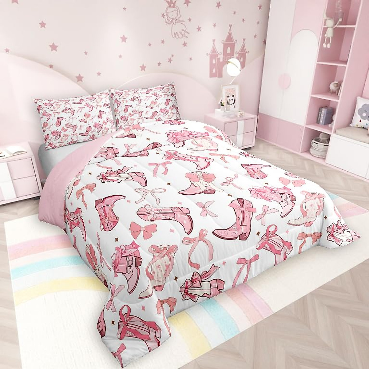 Manfei Cowgirl Comforter Set,Western Cowboy Boots Pink Bowknots Bedding Set for Kids Teens Bedroom,Dreamy Fairy Tale Princess Starry Quilt Set,Pink White Duvet Insert 2 Pcs with 1 Pillowcase,Twin