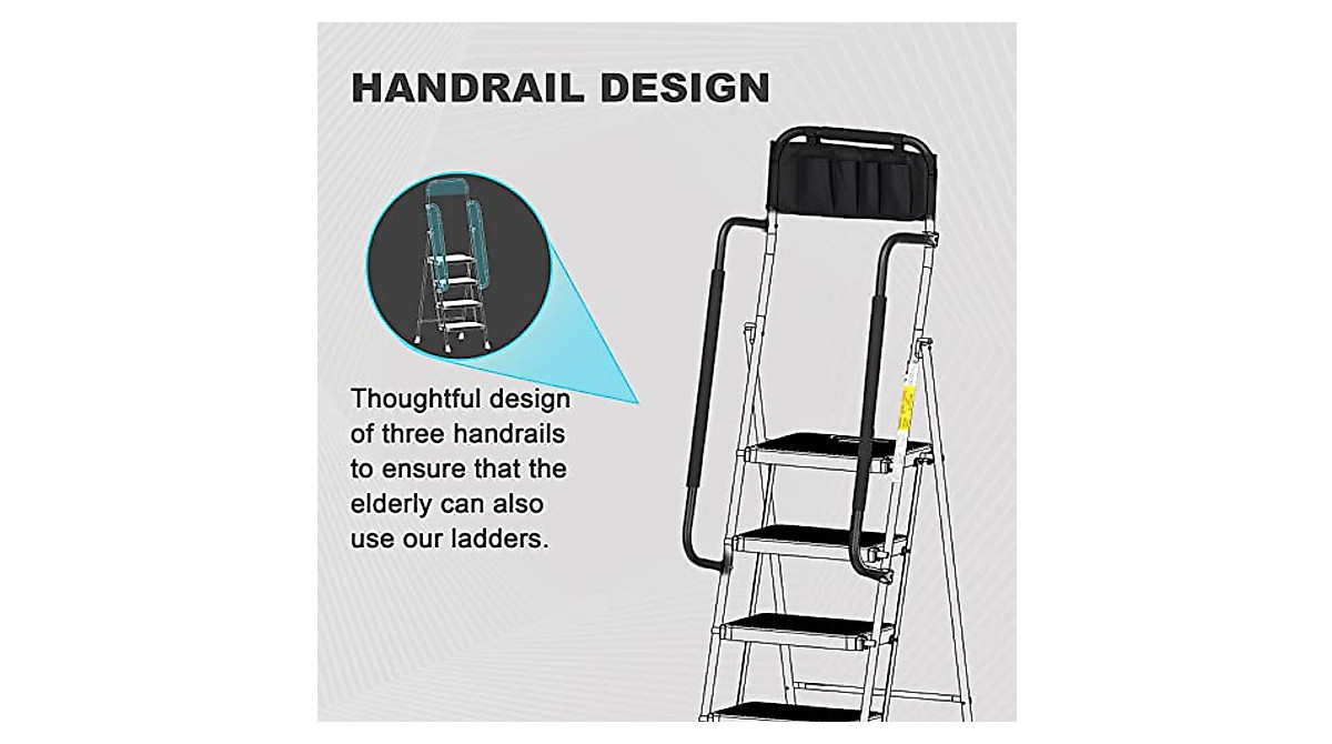 HBTower 4 Step Ladder with Handrails - Safe & Sturdy