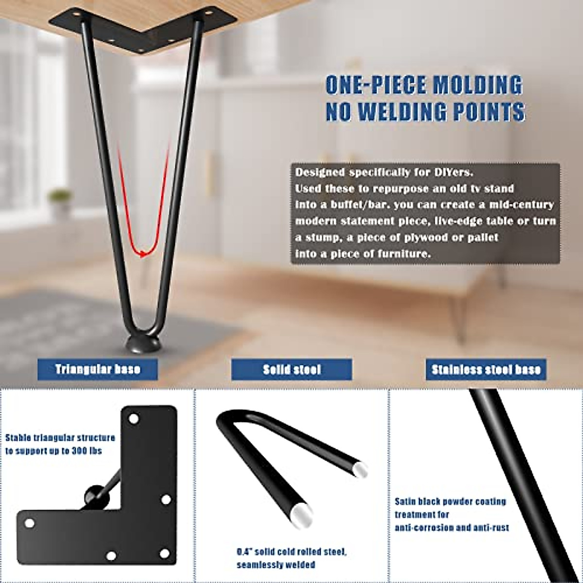 DonYoung Hairpin Legs 16", Coffee Table Legs Set of 4 Metal Furniture Legs, Mid Century Modern Style Table Legs for Nightstand Sofa Bench, Rubber Floor Protectors Included, Black