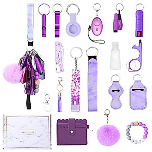 Ankilo Newest Newest Safety Keychain Set for Women, Safety Keychain Accessories, Bracelet Wristlet Keyring for Girls with Personal Alarm, No Touch Door Opener, Whistle and Pompom (Purple)