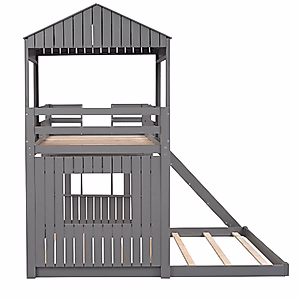 Harper & Bright Designs Twin Over Full Bunk Beds with House Shape, House Bunk Bed with Roof, Window & Slide, Twin Over Full Farmhouse Bed Frame for Kids Girls Boys Teens (Grey)