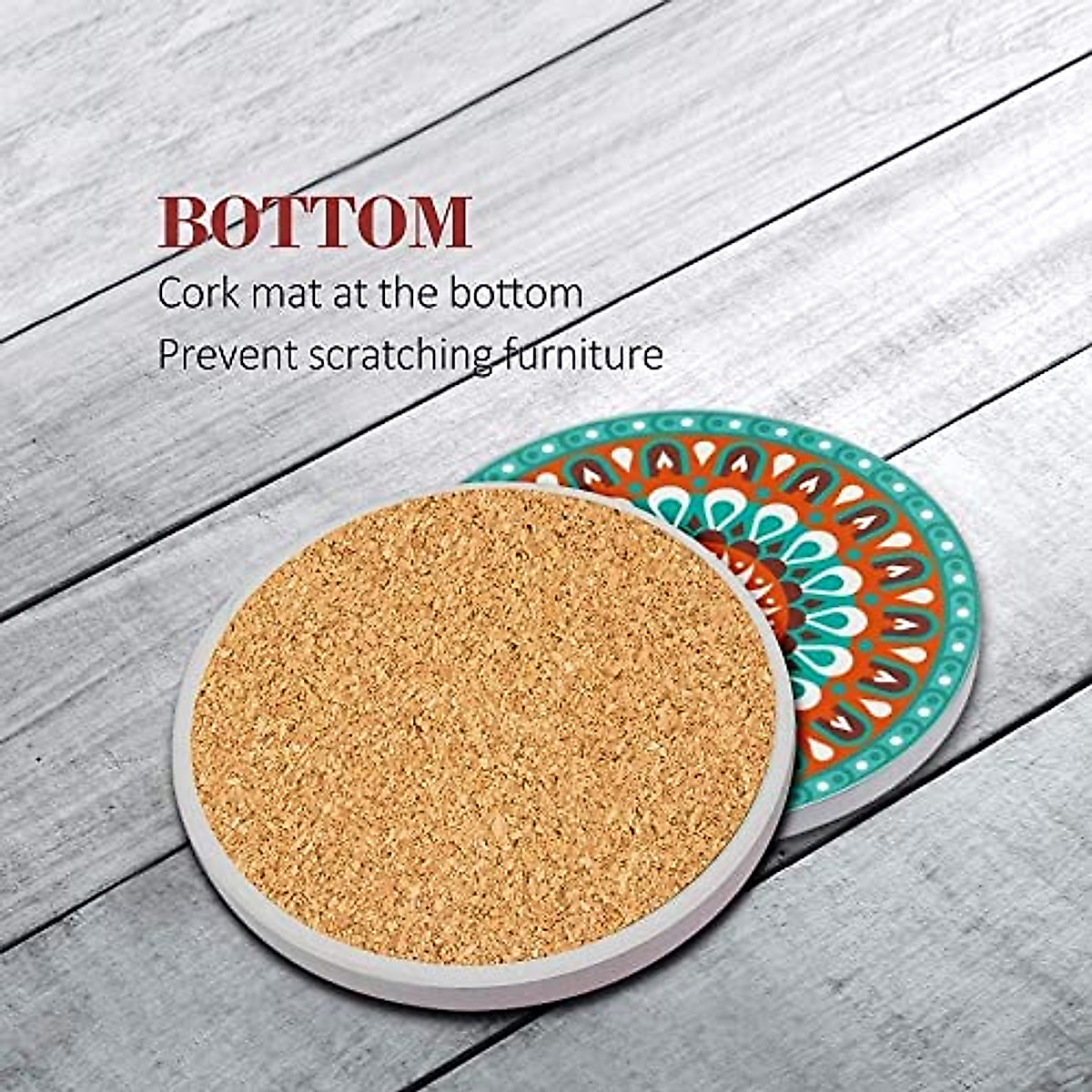 Teivio Absorbing Stone Mandala Ceramic Coasters for Drinks Cork Base with Holder, for Friends Funny Birthday Housewarming Apartment Kitchen Bar Decor, Suitable for Wooden Table, Coffee Table, Set of 8