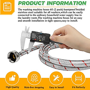 Techecook 6Ft Washing Machine Hoses Stainless Steel Burst Proof Washer Supply Lines- 2Pcs Hot and Cold Washer Hoses- 6Ft Washer Hoses Universal for All Washing Machine Supply Lines- 10 Years Warranty