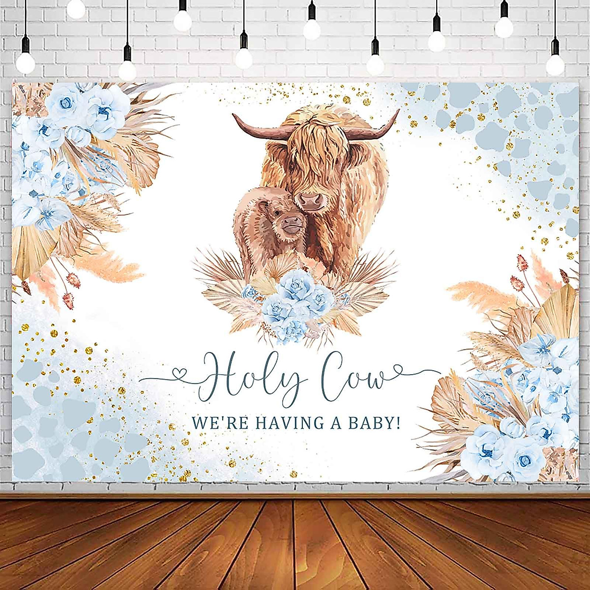 Ayayiya Highland Cow Baby Shower Backdrop Boy Holy Cow We are Having a Baby Farm Cow Party Decorations Boho Blue Highland Cattle Baby Shower Backdrops Cake Table Banner Photography Backdground 7x5ft