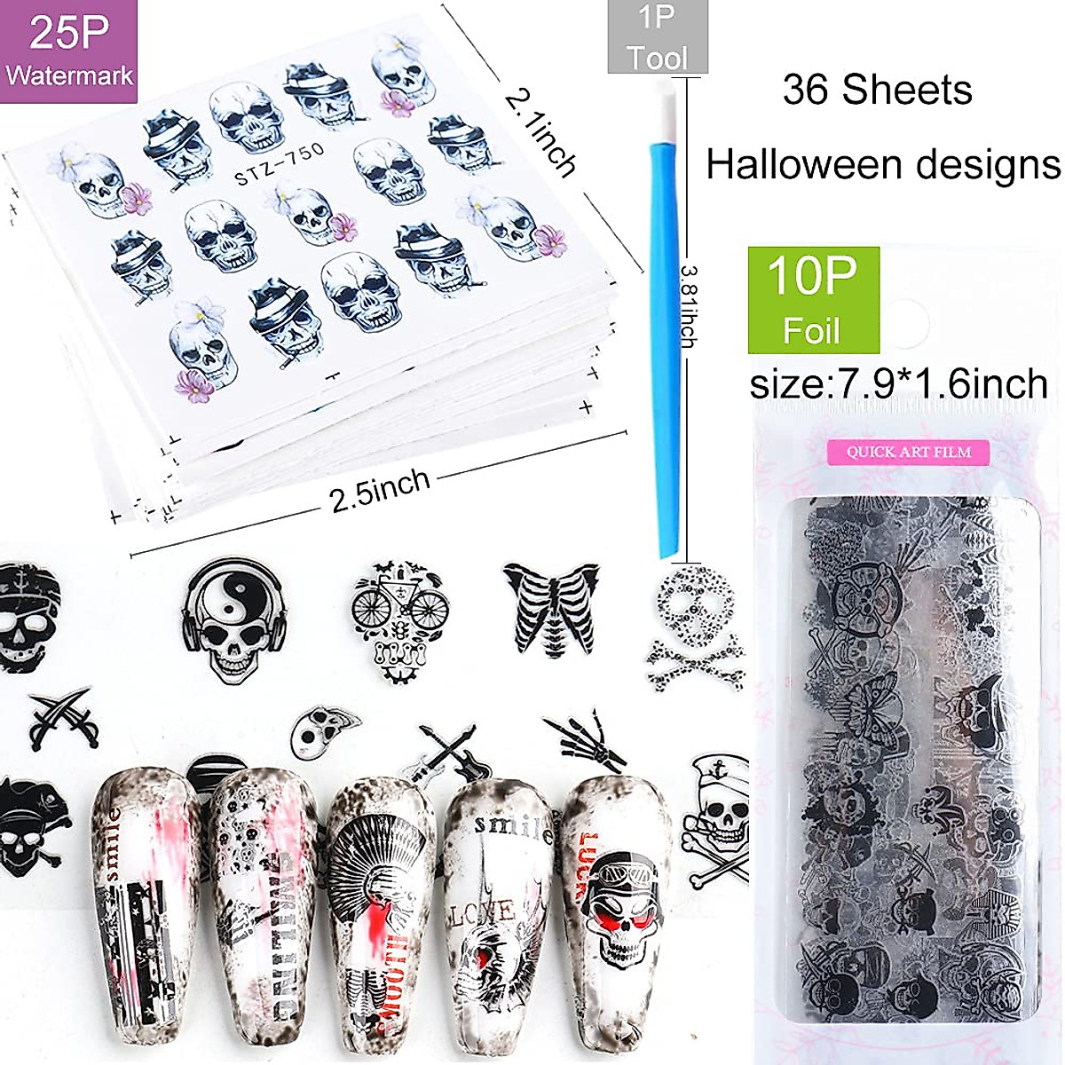 UARUOGP 25 Sheets Halloween Water Transfer Nail Stickers Nail Art Decals,10 Sheets Punk Skull Nails Foil Transfer Stickers,Grimace Skull Eye Spider DIY Decals for Halloween Party(35 Pcs)