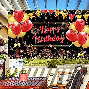 Red Black Gold Happy Birthday Banner Decorations Large Red Birthday Backdrop Sign in Birthday Decorations Photo Booth Background for Men Women Girls Birthday Anniversary Party Supplies 71x44Inch