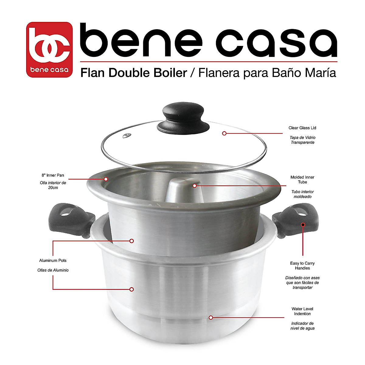 Bene Casa - Aluminum Flan Mold Double Boiler with Glass Lid (1.6 Liter) - Includes Aluminum Inner Pan (8") - Dishwasher Safe