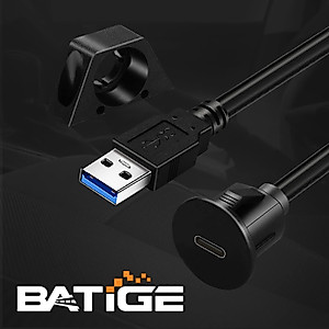 BATIGE Small USB 3.0 Male to Type C 3.0 Female Car Flush Mount Cable USB C 3.0 Panel Mount Extension Cable for Car Truck Boat Motorcycle Dashboard 3ft