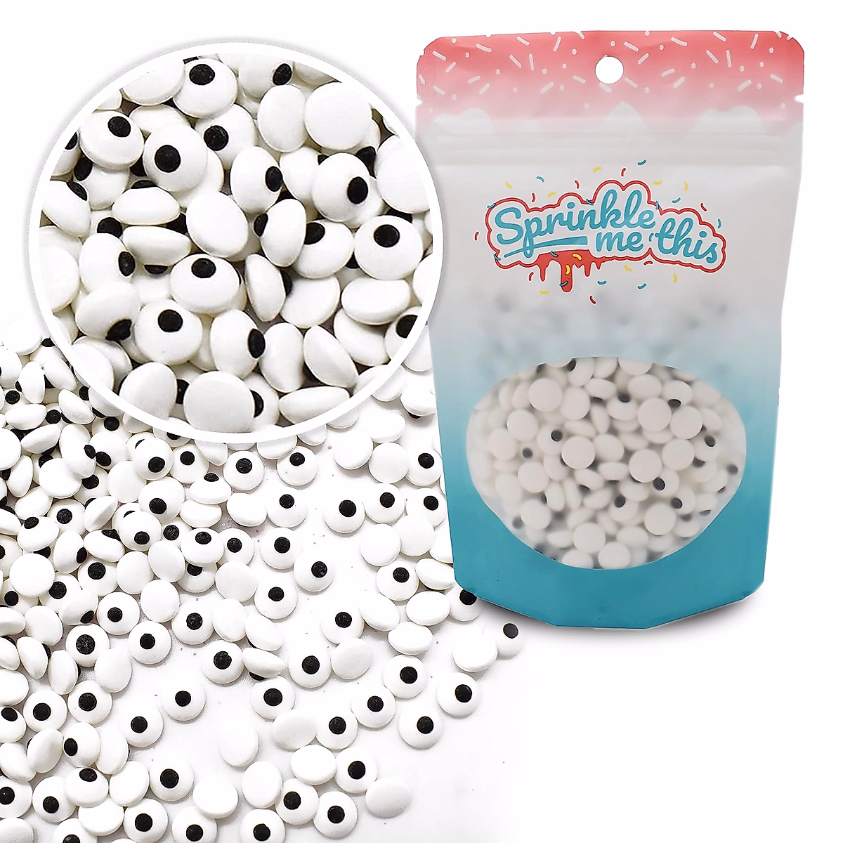 Spooky Eye Toppers - 4 oz Resealable Stand Up Candy Bag - Edible Baking Decorations - Funny White Googly Eyes for Cupcakes, Cakes, Cookies, Brownies - Halloween, Easter, and Edible Art Project Candy