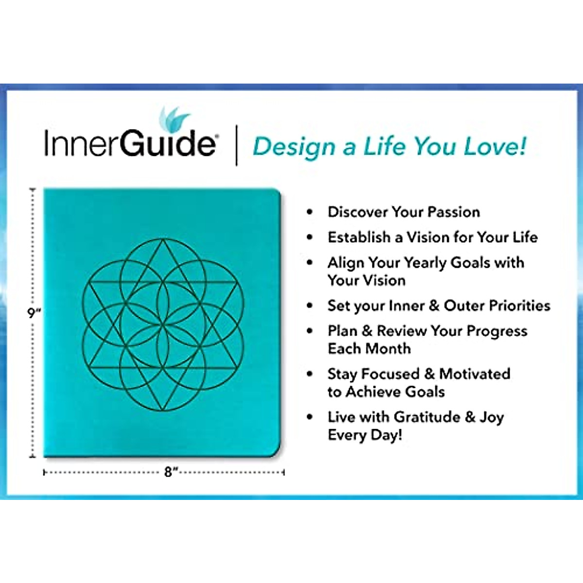 InnerGuide Undated Yearly Wellness Planner - Daily Weekly & Monthly Organizer & Appointment Book - Goal Setting - Journal - Faux Leather Cover - “8” x 9” - Turquoise