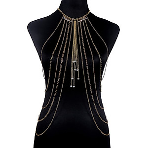 PHEZEN Fashion Tassels Body Chain Layered, Bikini Beach Belly Waist Bra Tassels Body Chain Boho Necklace Body Jewelry Sparkly Mystery Decoration Gift for Women Girls Type A