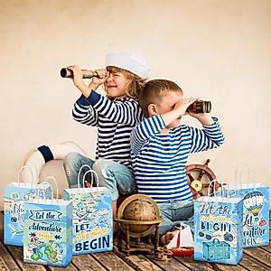 Yeaqee 24 Pcs Adventure Themed Party Favor Bags Adventure Gift Bags Blue World Map Paper Bags with Handle Travel the World Candy Treat Bags Gift Wrapping Bags for Weeding Birthday Party Favor