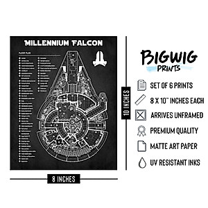 BigWig Prints: Star Wars Blueprints - Star Wars Poster, Starwars Wall Decor, Starwars Posters for Walls, Deathstar, Millennium Falcon, X Wing, Tie Fighter, AT-AT Gifts - Unframed Set of 6 (8x10)