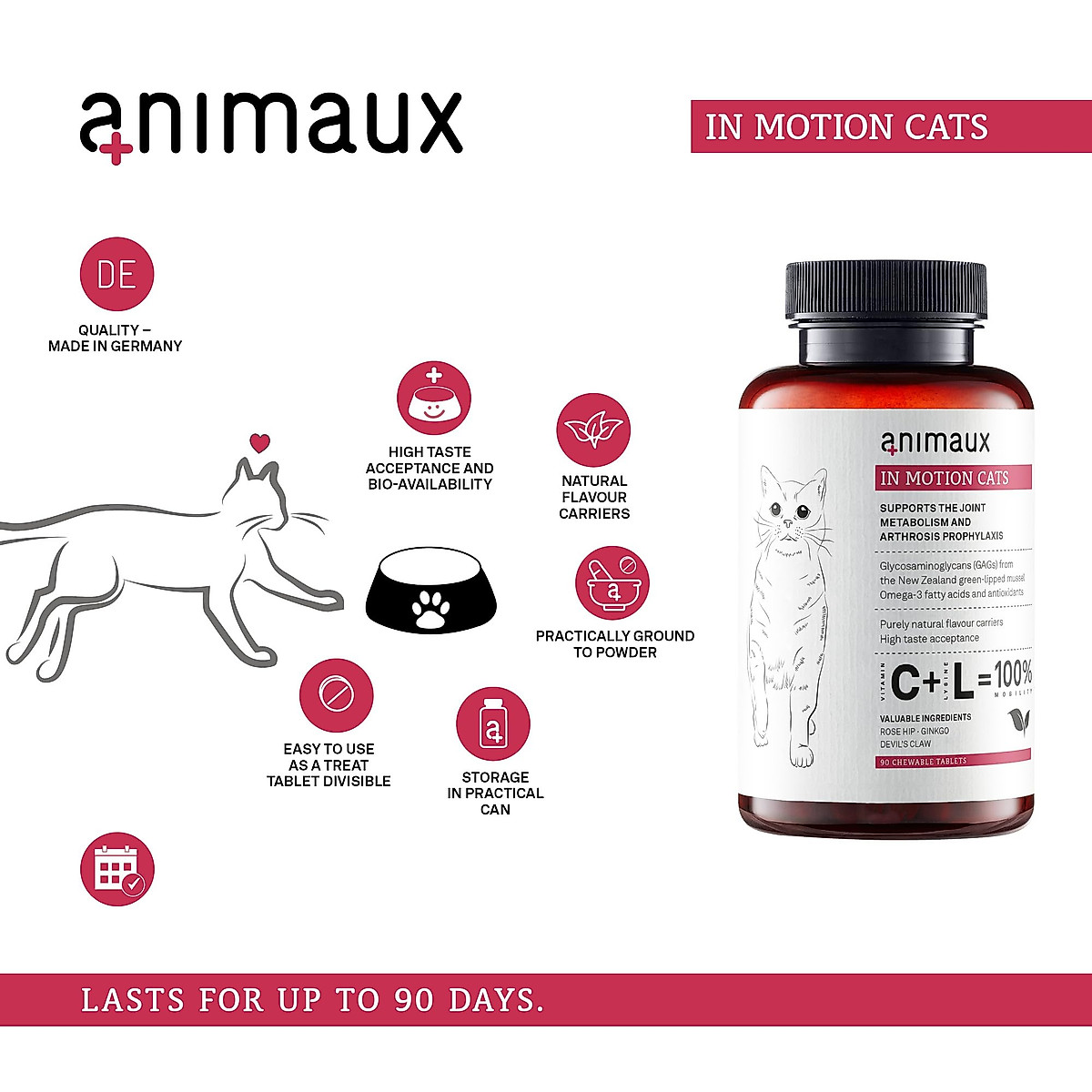 animaux - in Motion Cats, Green-lipped Mussel, Devil's Claw, Rose Hip & Ginkgo, Support for Bones, Joints, Cartilage, tendons, with Hyaluron, Collagen, 90 chewable Tablets, 90 Days Supply