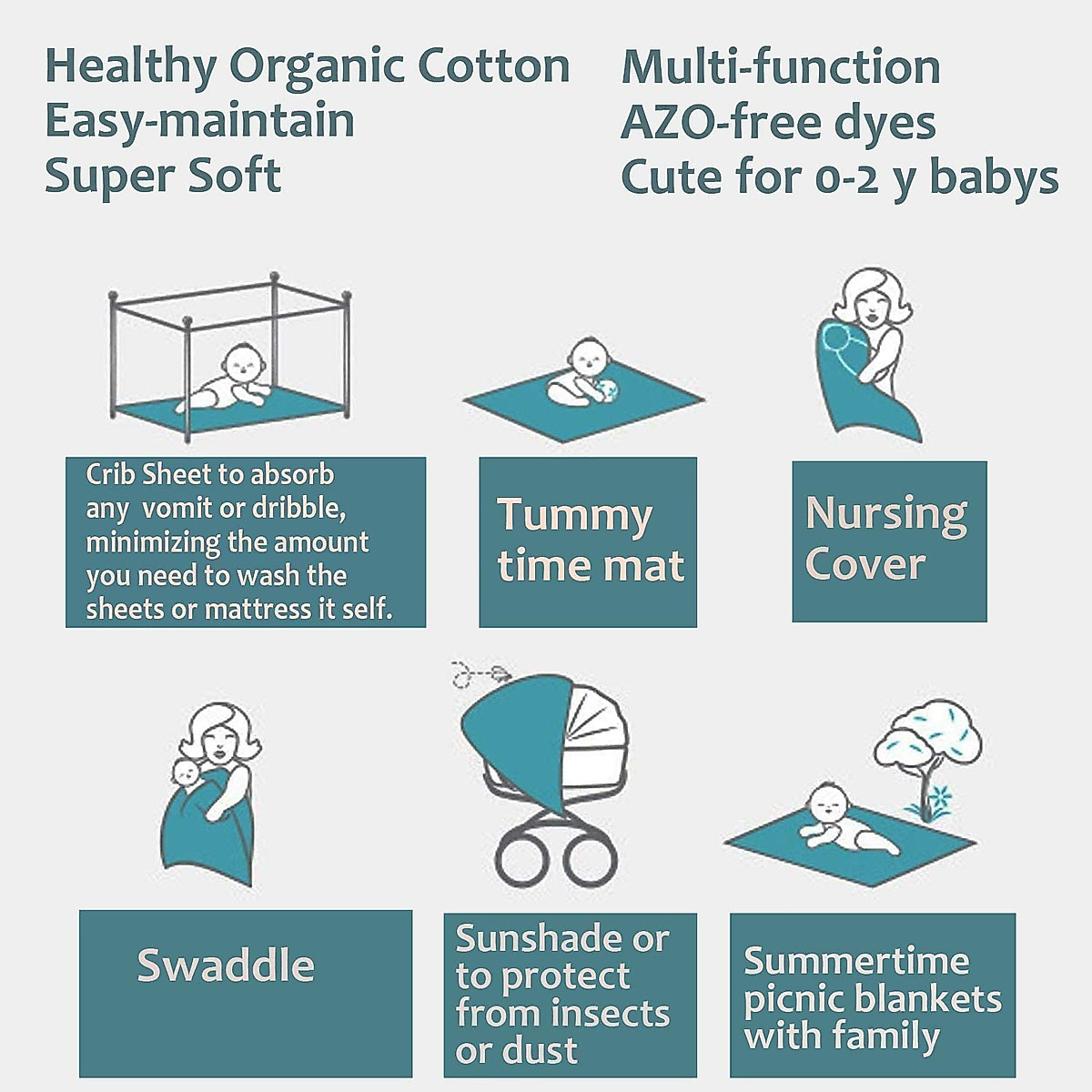 Daxue 2 Pcs Nursery Swaddling Blankets 100% Natural Unbleached Cotton Quilt 43" x 43" Muslin Swaddle Blankets for Baby Girl Boy Breathable Soft Cotton Blanket Unisex Receiving Blanket Swaddle