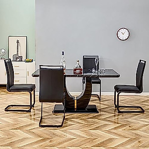Pvillez 63" Marble Dining Table Set for 4, Modern 5 Piece Kitchen Table and Chairs, Black Faux Marble Dining Table with U-Shaped Pedestal Base & 4 C-Shaped PU Leather Upholstered Dining Chairs