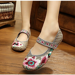 Lazutom Vintage Chinese Style Women Embroidered Shoes Mary Jane Flat Casual Ladies Mary Jane Qipao Dress Shoes (EU 39, Grey)