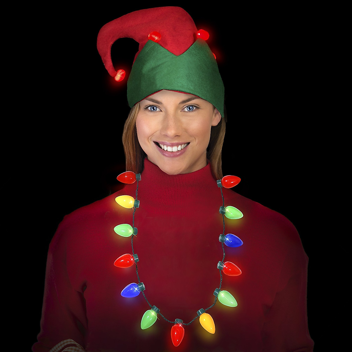 Windy City Novelties Ugly Sweater Christmas Party Kit - Holiday LED Elf Hat + LED Christmas Bulb Necklace Combo for Christmas Parties, Caroling, Gatherings & Party Favors