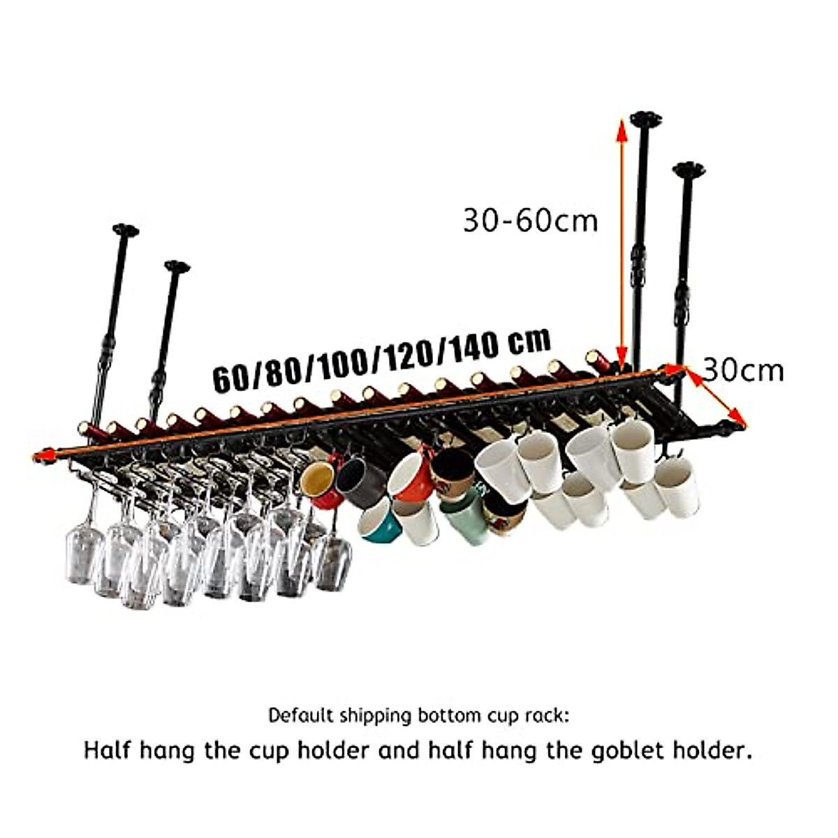 Ceiling Wine Rack, Black Hanging Cup and Glass Goblets Stemware Holder ，Red Wine Bottle Drink Storage Shelf， Bar Restaurant Decorative Display Organizer (Size : 60x30cm)