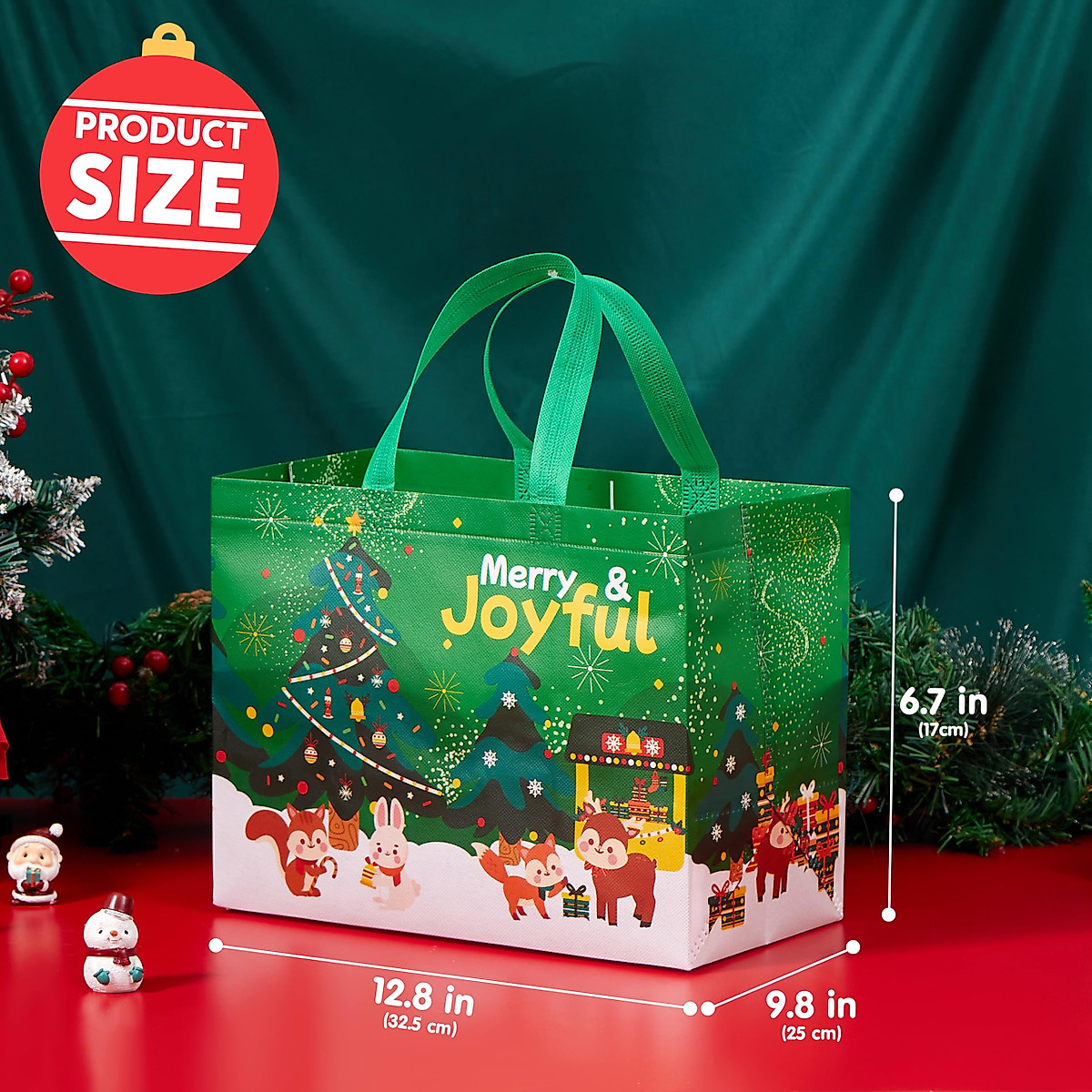 JOYIN Christmas 12 PCS Tote Bags Large Size 12.8"*9.8" Gift Bags for Xmas Party. Holiday Reusable Grocery Bags Bulk With Handles as Goodie Bags, Party Supplies Bags, Party Favor Shopping Bags.