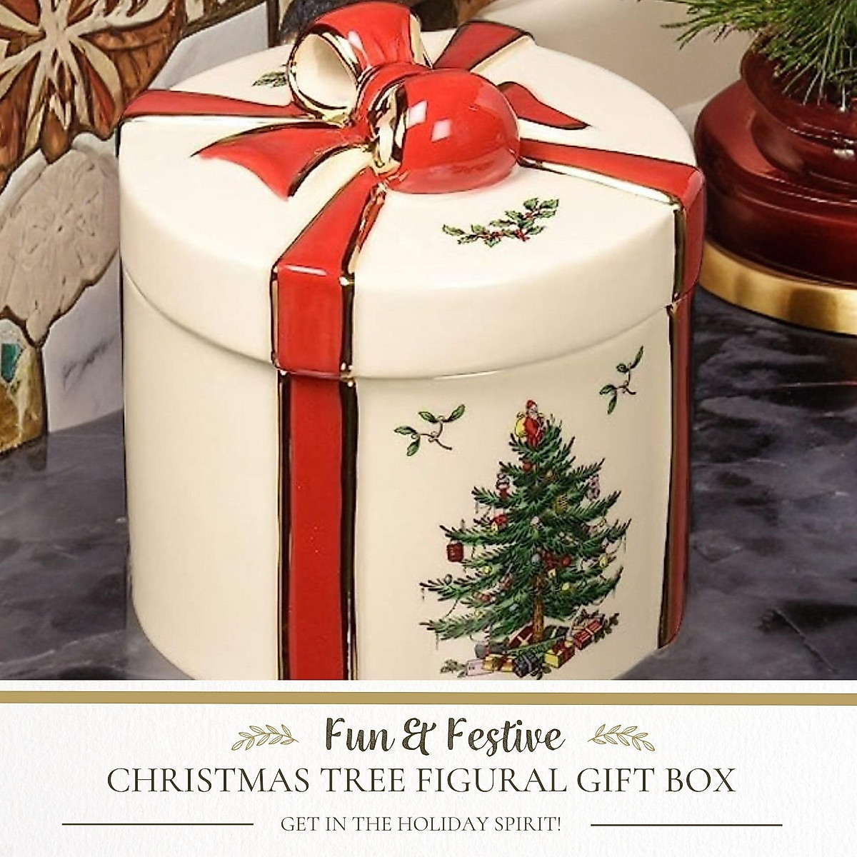 Spode Christmas Tree Gift Box Figurine, 4" Christmas Centerpiece with Red Ribbon & Gold Trim - Fine Earthenware for Holiday Home Decor, Festive Table Collectible & Winter (Small)