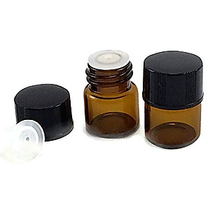 HS HEALTHY SOLUTIONS GLASSWARE WWW.EOILGLASSWARE.COM 1/4 Dram (1ml) AMBER Glass Vial (144)- Flat Black Screw Cap w/Orifice Reducer and Seal - Pack of 144