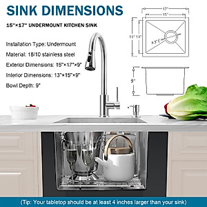 Herogo 15×17 Inch Undermount Kitchen Sink with Faucet Combo, Stainless Steel Utility Rv Bar Sink, Small Outdoor Farmhouse Sink, Laundry Room Deep Single Bowl Sink with Brushed Nickel Kitchen Faucet