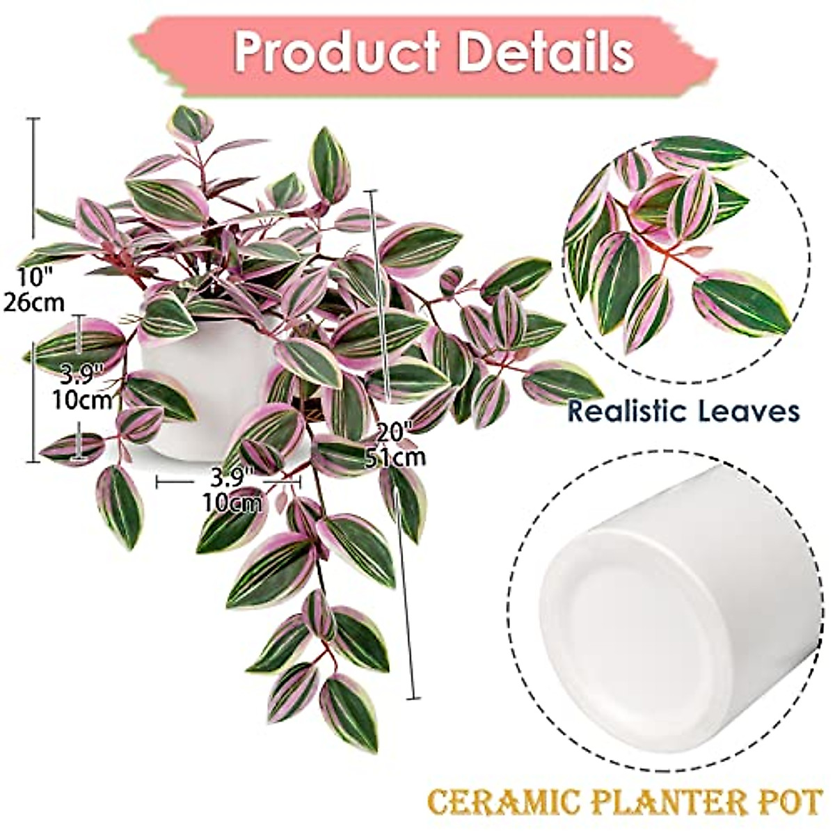 GnFlus Fake Plants, 20 Inch Artificial Peperomia Watermelon Plant Faux Greenery Potted Vine in Ceramic Pot for Home Bedroom Office Table Shef Indoor Outdoor Decor - Style 1