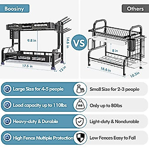 BOOSINY Dish Drying Rack for Kitchen Counter, 2 Tier Large Dish Drainers with Cup Holder and Utensil Holder, Dish Dryer Rack with Drainboard Set (304 Stainless Steel - Black)