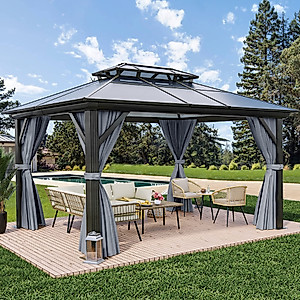 YITAHOME 10x12FT Hard-Top Gazebo Double Roof Canopy Outdoor with Netting and Shaded Curtains, Aluminum Frame Polycarbonate Hardtop Garden Tent for Patio, Backyard, Deck and Lawns, Gray