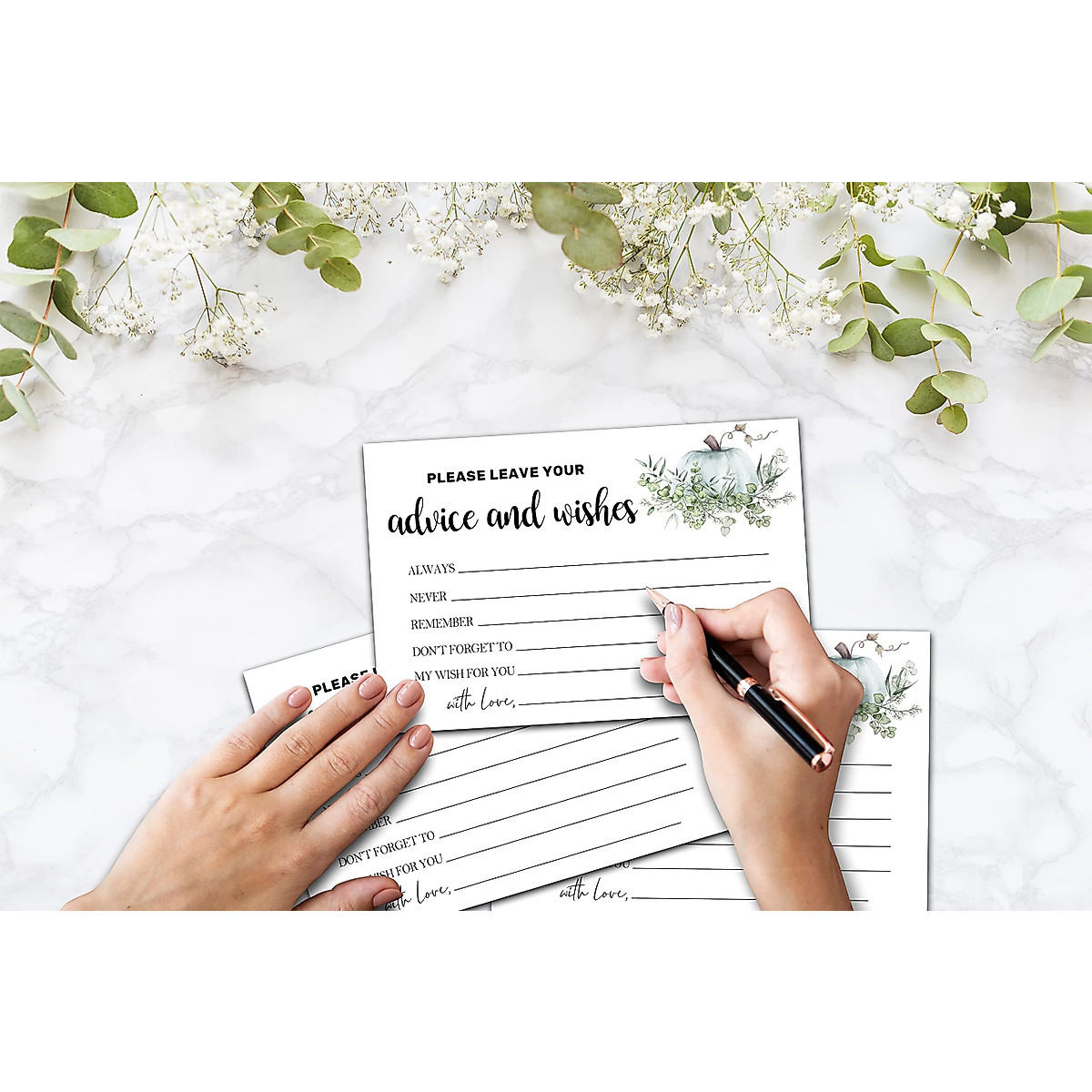 Advice and Wishes Card, Bridal Shower Advice Cards, Autumn Pumpkin Greenery Cards for The Bride and Groom, Wedding or Baby Shower, Birthday, Graduation, Retirement, Guestbook - 25 Cards - 012ADVICE