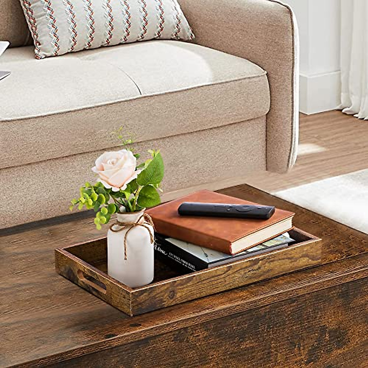 Hanobe Brown Decorative Serving Trays: Rustic Brown Rectangle Tray Decor with Cutout Handles for Coffee Table Ottoman Living Room Kitchen Home Decor, Large