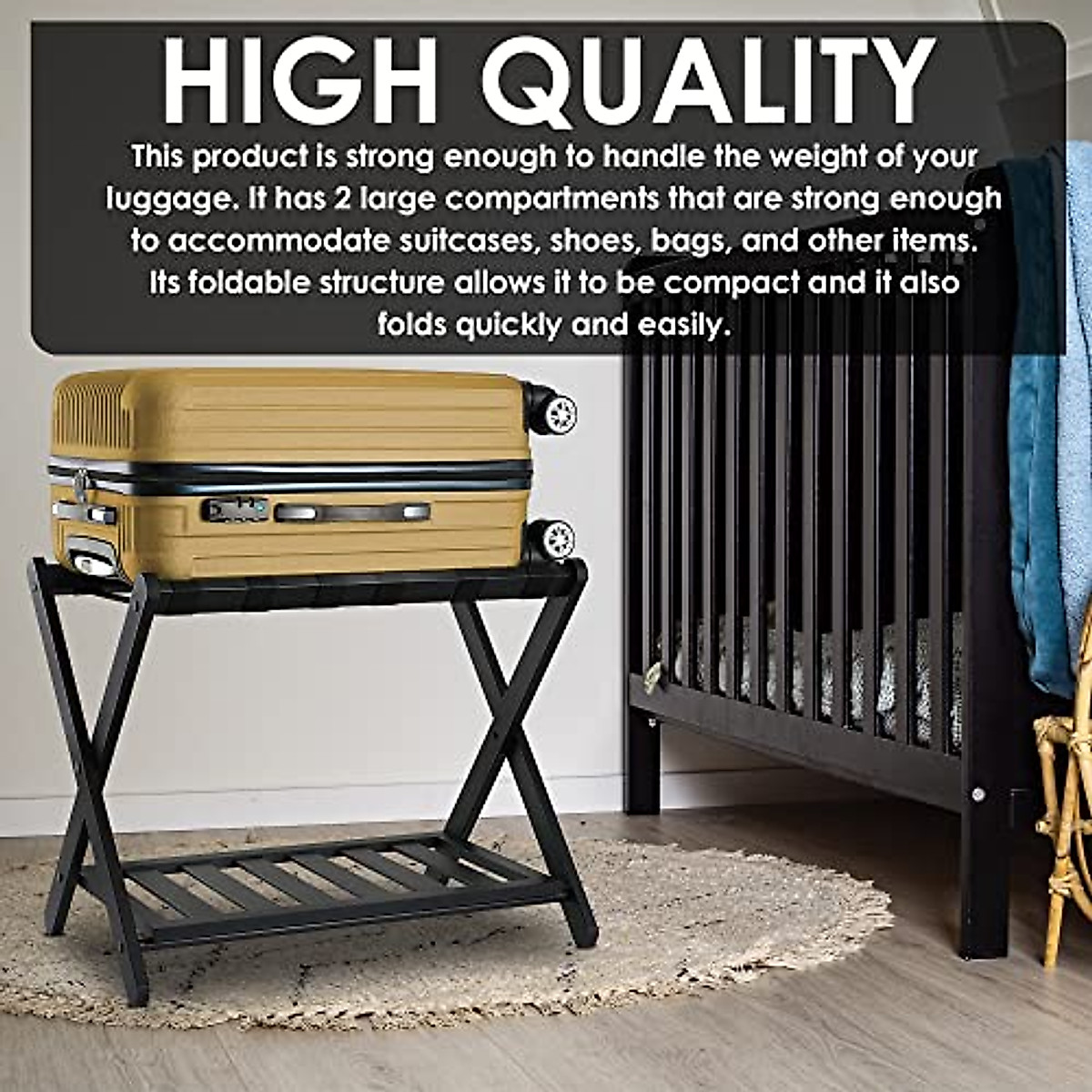 Luggage Rack|Portable Folding Suitcase Stand Holder with Shelf and 4 Fine Nylon Straps Foldable Storage Racks For Guest Room, Bedroom, Hotel Essentials|Black
